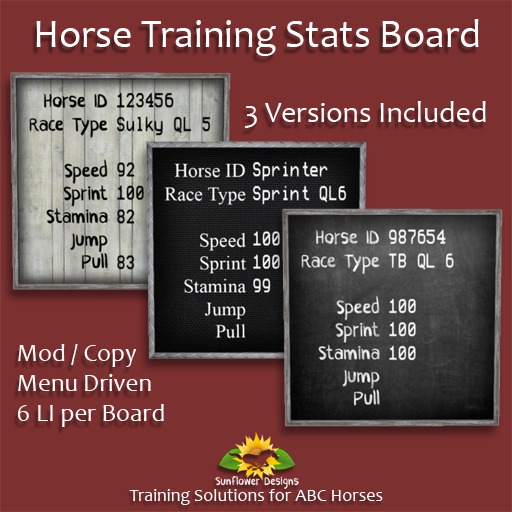 Second Life Marketplace - Horse Training Stats Board for ABC horses