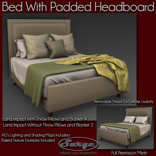 Second Life Marketplace - Bed With Padded Headboard - Full Perm Mesh ...
