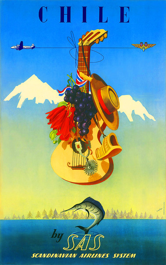 Second Life Marketplace - Vintage Chile Guitar Travel Poster Retro Art