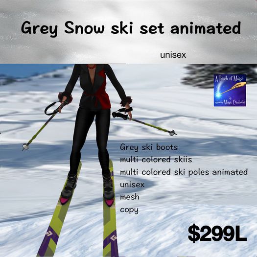 Second Life Marketplace - Grey ski boots multi poles & skiis animated (box)