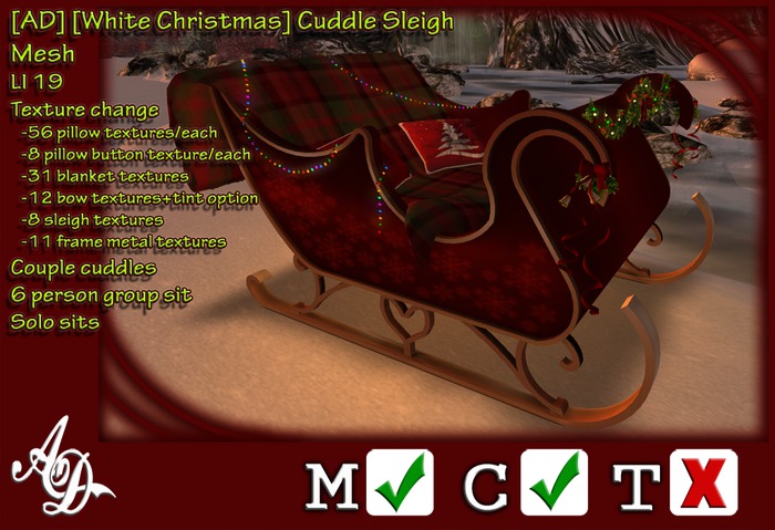 Second Life Marketplace - [AD] [White Christmas] Cuddle Sleigh