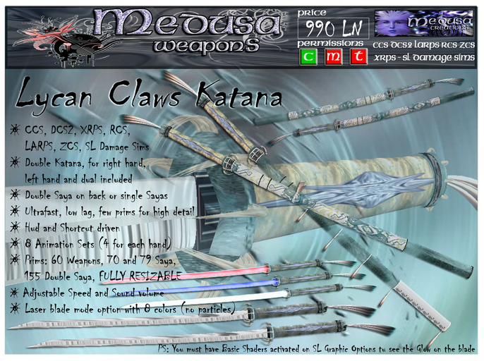 Second Life Marketplace - ~ Medusa Weapons ~ Lycan Claws Katana (Boxed)