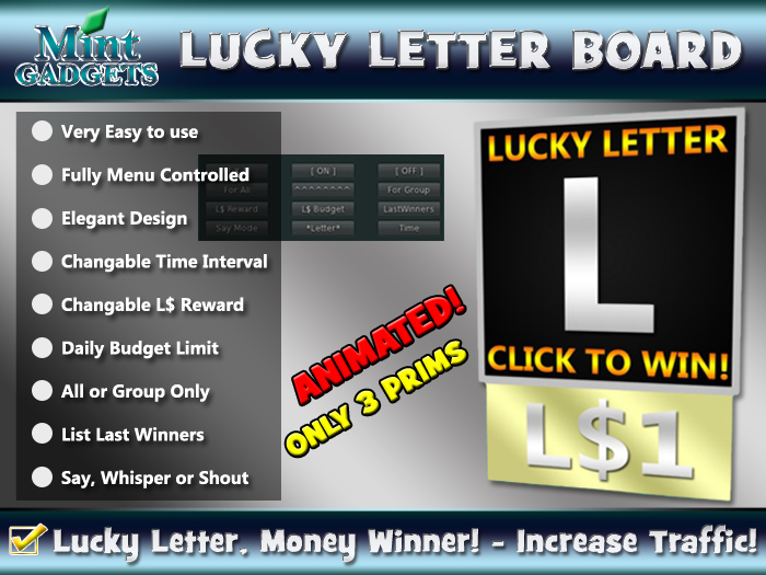 Second Life Marketplace - Lucky Letter, Money Winner! Board - Increase ...