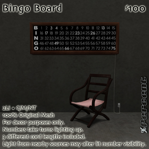 Second Life Marketplace - %Bingo Boards (3 cord lengths) *MESH*