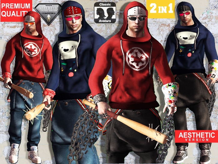 Second Life Marketplace - CA AESTHETIC GANGSTA OUTFIT BURGUNDY BLUE 2IN1
