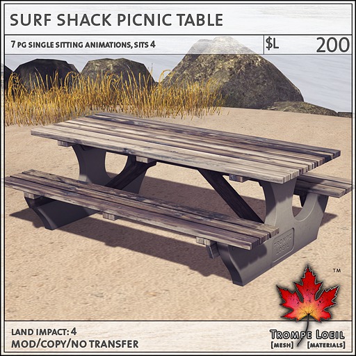 Second Life Marketplace - Trompe Loeil - Surf Shack Picnic Table [mesh]