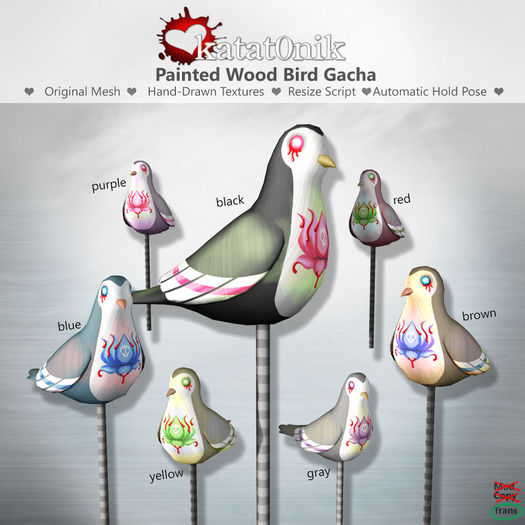 Second Life Marketplace - Katat0nik - Painted Wood Bird - Gray (common)
