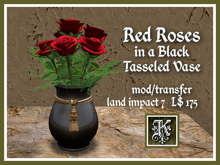 Second Life Marketplace - *Kismet* Red Roses in a Black Tasseled Vase