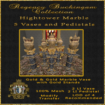 Second Life Marketplace - JDC Hightower Marble 5 Vases Pedistals AV1 Gold