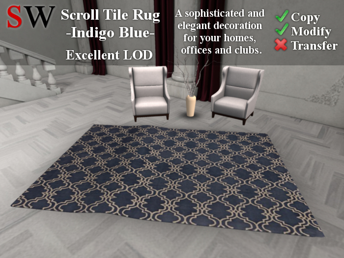 Second Life Marketplace - -SW- Scroll Tile Rug -Indigo Blue- 100% Mesh