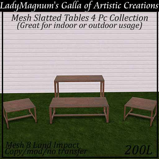 Second Life Marketplace - LadyMs Mesh Slatted Tables 4 Pc Collection ...