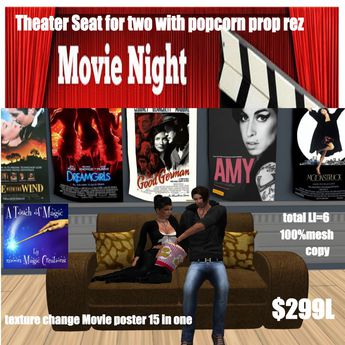 Second Life Marketplace - Theater Movie seat for 2 with props and posters