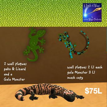 Second Life Marketplace - Gila Monster & 2 wall plaques geko & lizaed (bag)