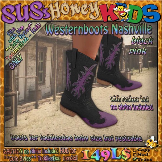 Second Life Marketplace - SUS HoneyKids Westernboots Nashville in black ...