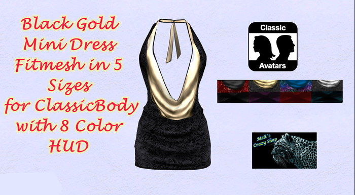 Second Life Marketplace Black Gold Cowl Neck Mini Dress Fitmesh