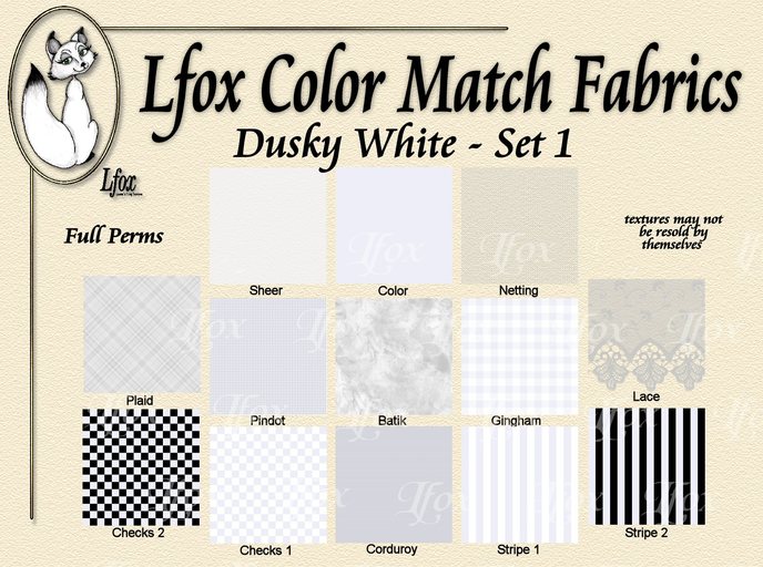 Second Life Marketplace - lfox Color Match Fabrics - Dusky White Set 1