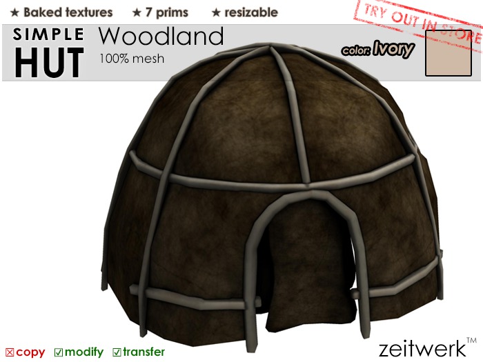 Second Life Marketplace - zeitwerk - Woodland - Simple Hut - Ivory