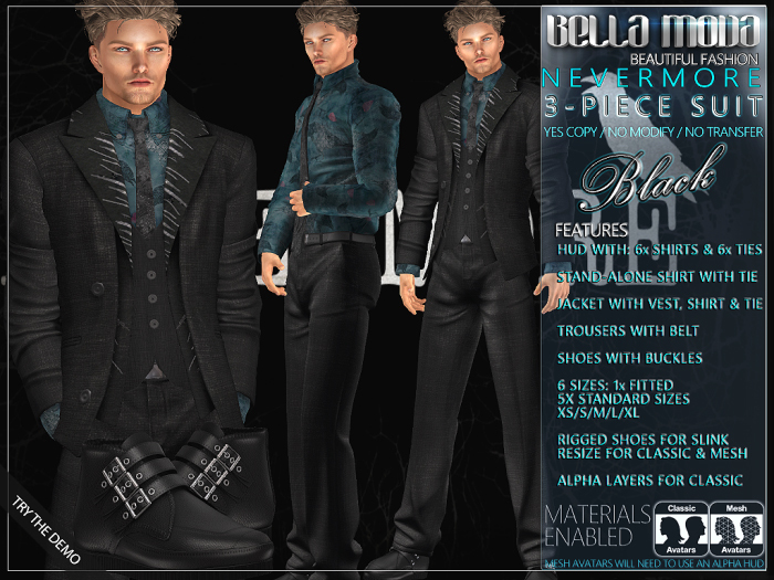 Second Life Marketplace - Bella Moda: Nevermore Black 3-Piece Suit with ...