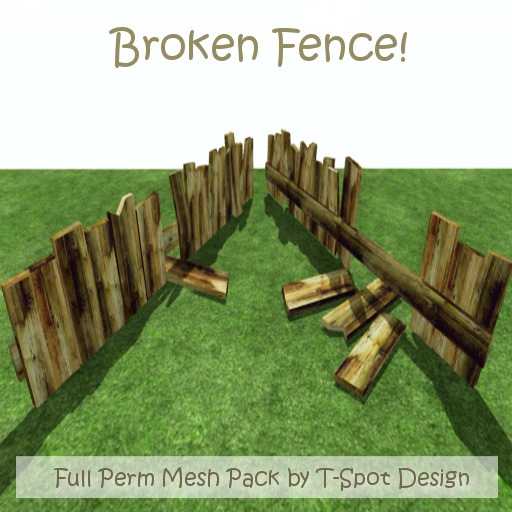 Second Life Marketplace - Fence - Broken Wood Fence - Full Perm Mesh - LI=1