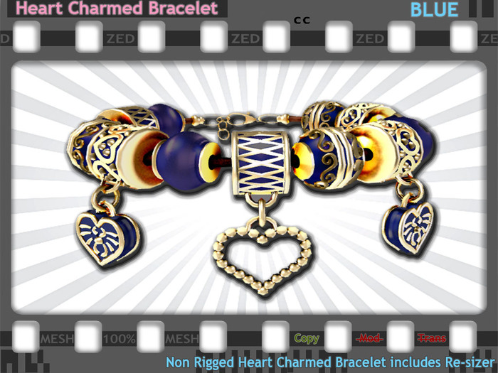 Second Life Marketplace - ::ZED:: Heart Charmed Bracelet - BLUE (Re size)