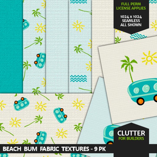 Second Life Marketplace - CLUTTER - Beach Bum Fabric Textures - 9-PK