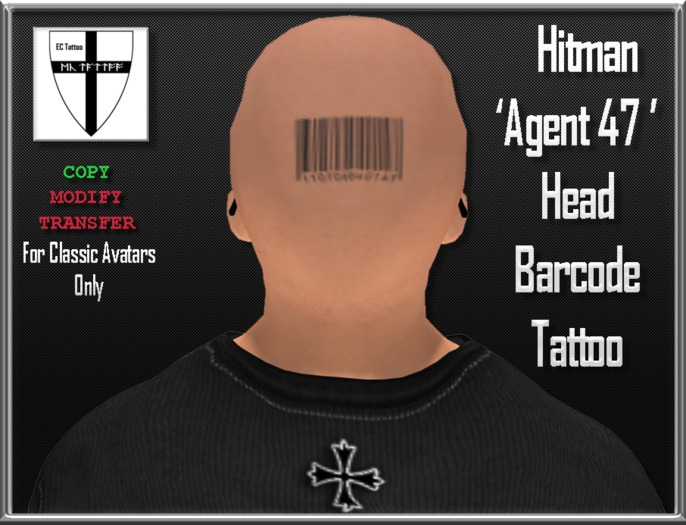 Second Life Marketplace - Agent 47 'Hitman' Head Barcode Tattoo (BOM Only)