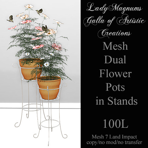 Second Life Marketplace - LadyMs Mesh Dual Flower Pots in Stands - White