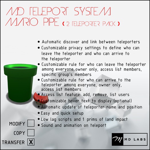 Second Life Marketplace - MD Teleport System - Mario Pipe (2 TP)