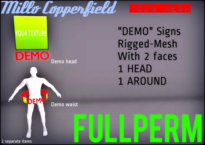 Second Life Marketplace - Millo Copperfield - Mesh 2 "DEMO SIGNS" Rigged FULLPERM Box