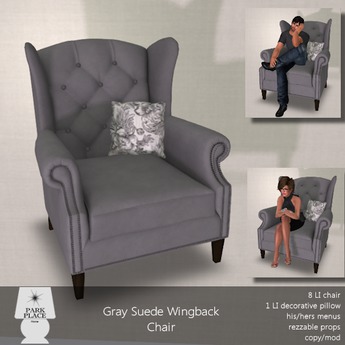 Second Life Marketplace - [Park Place Gray Suede Wing Chair