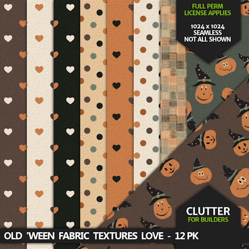 Second Life Marketplace - CLUTTER - Old 'Ween Fabric Textures Love - 12-PK