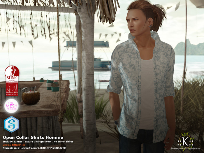 Second Life Marketplace - ::K:: Open Collar Shirts Homme White