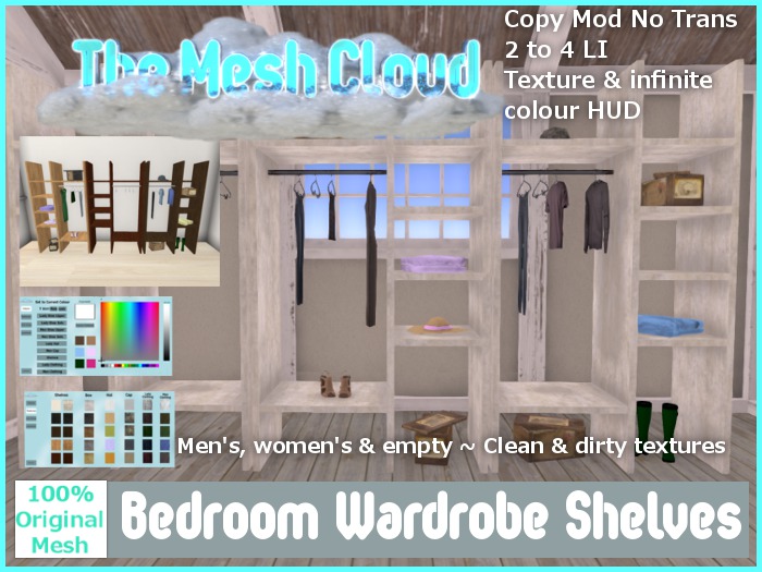 Second Life Marketplace - [TMC] Bedroom Wardrobe Shelves Texture Change ...