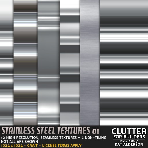 Second Life Marketplace - CLUTTER - Stainless Steel Textures 01 - 14PK