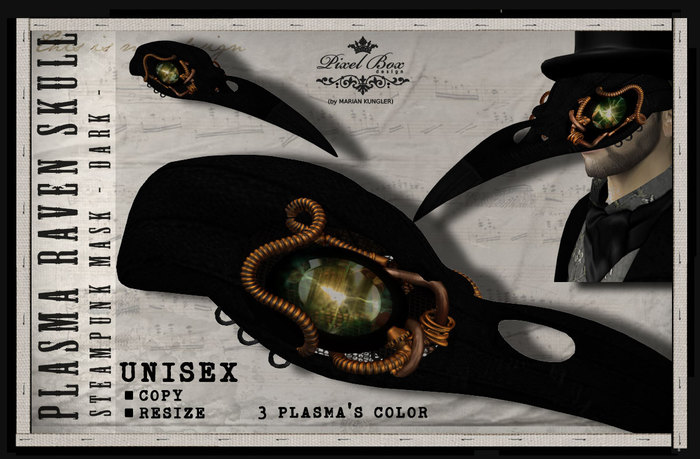 Second Life Marketplace - PIXEL BOX - Steampunk Raven Skull Plasma mask ...