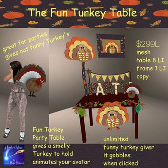Second Life Marketplace - Fun Thanksgiving Party table Gives a turkey ...