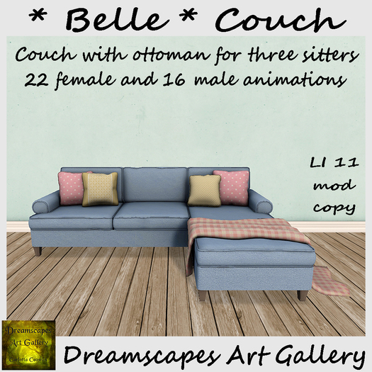 Second Life Marketplace - *Belle* Couch Blue A - for three sitters with ...