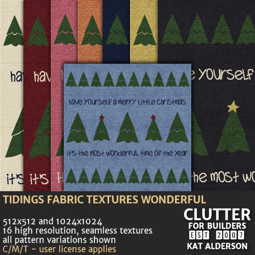 Second Life Marketplace - CLUTTER - TIDINGS FABRIC TEXTURES WONDERFUL 16-PK