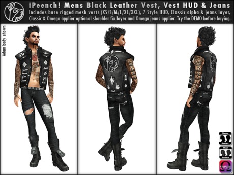 Second Life Marketplace - iPeench! Mens Black Leather Vest, Vest Hits ...