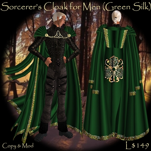 Second Life Marketplace - Sorcerer's Cloak for Men (Green Silk)