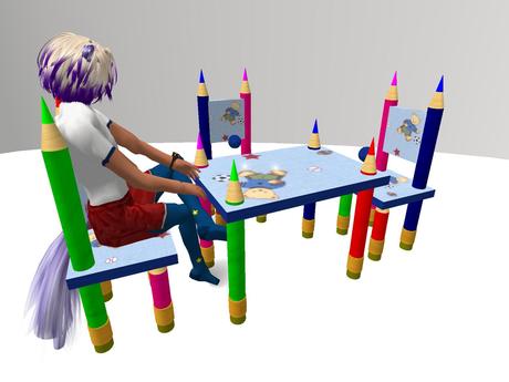 Second Life Marketplace - Kids Table "Crayons" w 3 chairs