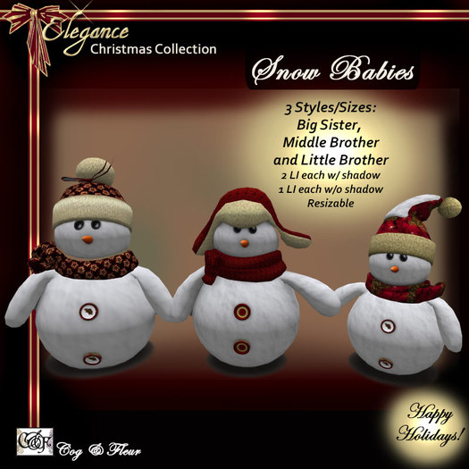 Second Life Marketplace - C&F Xmas Snow Babies - 3 snowmen 2 LI ea