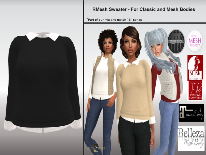 Second Life Marketplace - Zuloo-RMESH Sweater - Black - Classic & Mesh ...
