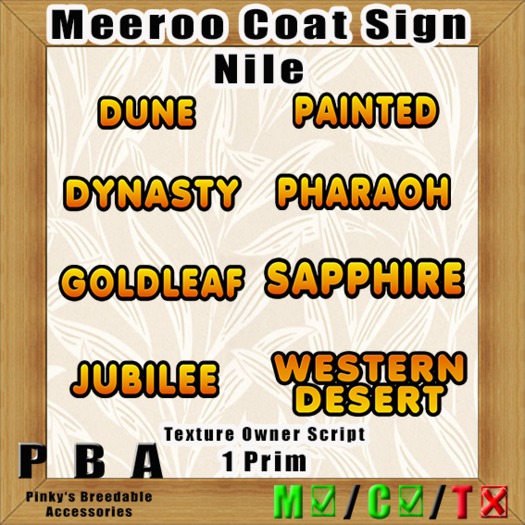 Second Life Marketplace - Meeroo Coat Sign "Nile" Vers. 1
