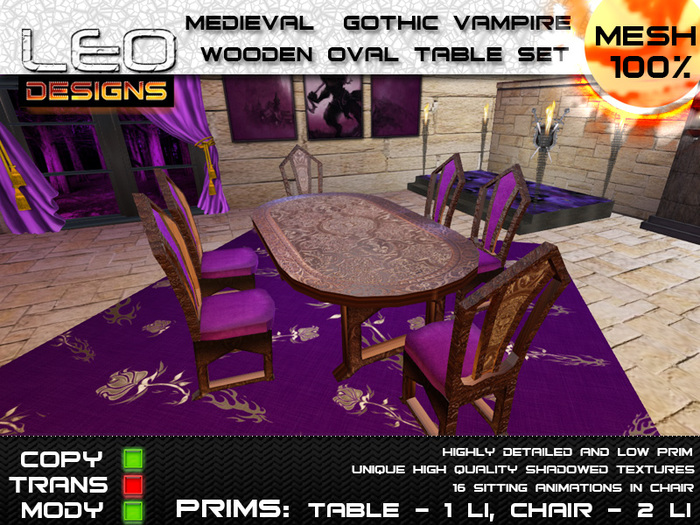 Second Life Marketplace - Medieval Gothic Vampire wooden oval table and ...