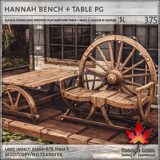 Second Life Marketplace - Trompe Loeil - Hannah Bench & Table PG [mesh]