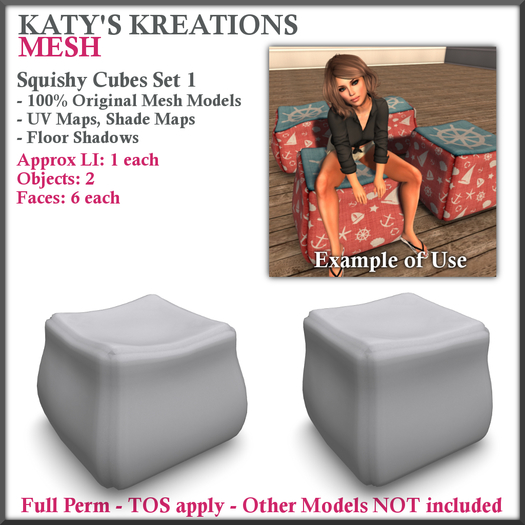 Second Life Marketplace - FULL PERM MESH Squishy Cubes Set 1 - Mesh Bean Bags, Mesh Beanbags