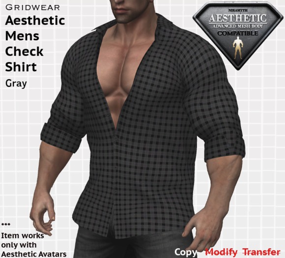 Second Life Marketplace - GridWear Aesthetic Mens Check Shirt - Gray