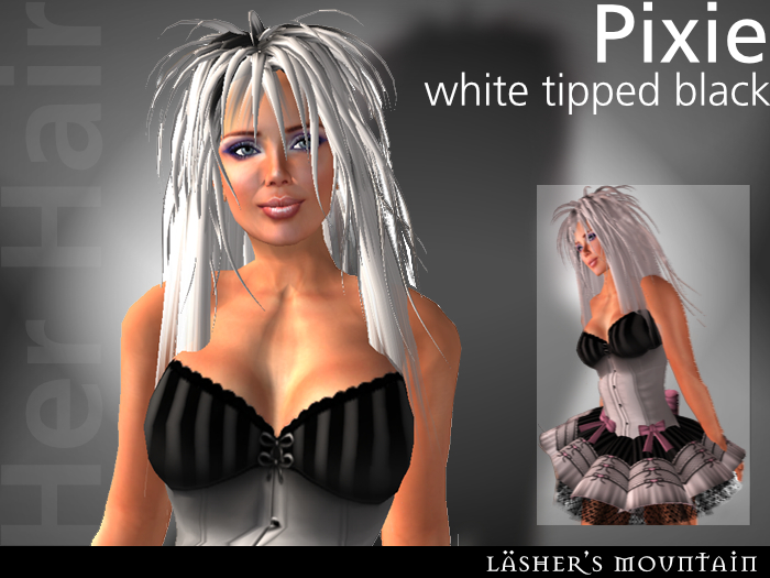Second Life Marketplace - PIXIE Long Spikey Topped Black Tipped WHITE HAIR