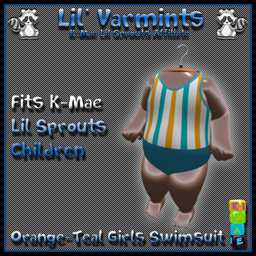 Second Life Marketplace - Lil' Varmints Outfit - Orange-Teal Girls Swimsuit